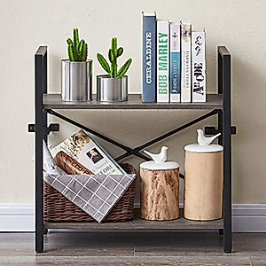 MNEETRUNG Small Bookshelf, 2-Tier Modern Wood Bookcase, Small Kitchen Storage Rack, Industrial Shelf Unit with Metal Frame for Living Room, Bathroom and Office, Ash Grey