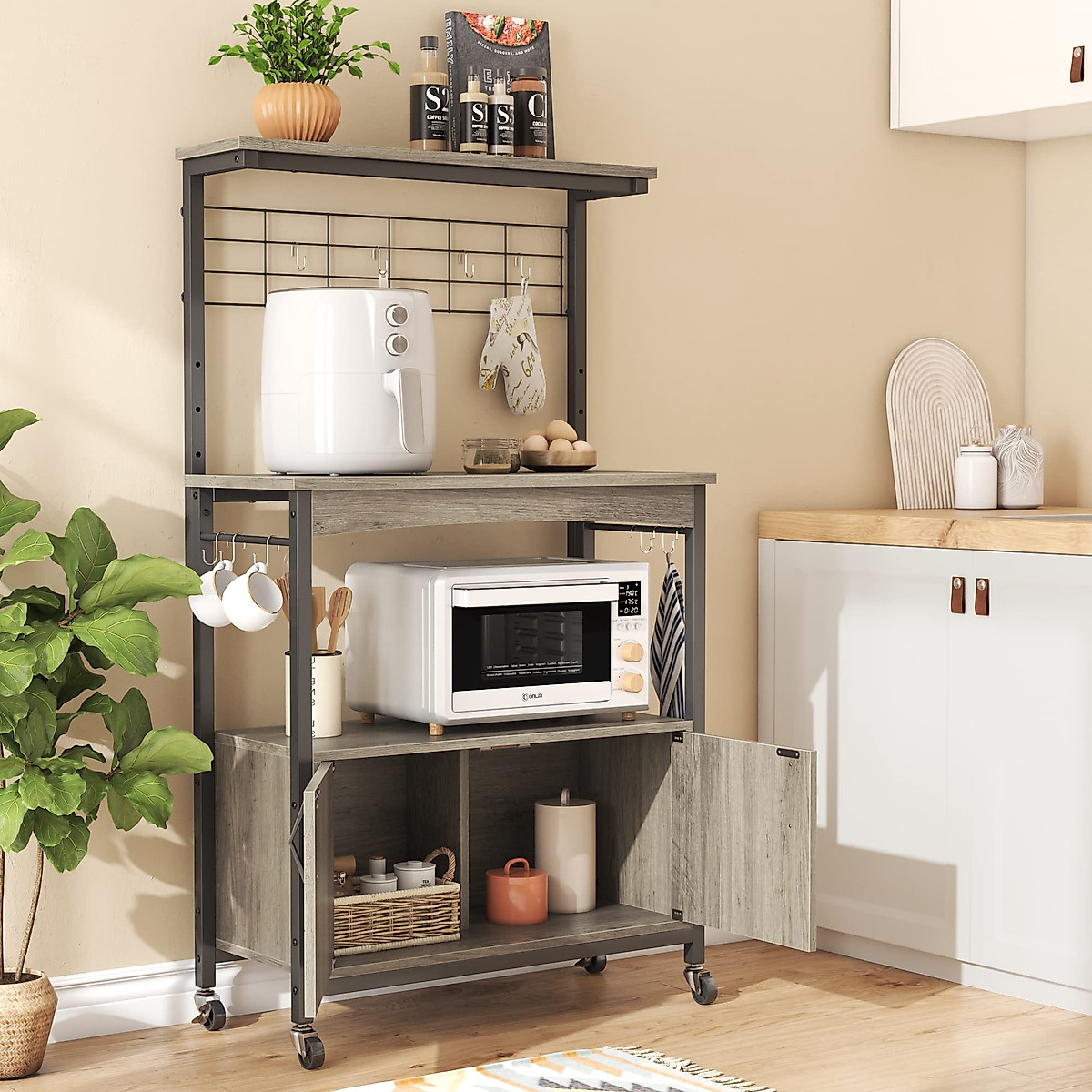 Bestier Microwave Stand with Storage Cabinet, Height-Adjustable Bakers Racks for Kitchen with Wheels & Feet, Industrial Rolling Coffee Bar Shelf with 10 S-Hooks Grey Wash