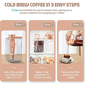 Cold Brew Coffee Maker, 68oz Iced Coffee Pitcher with Filter, 2 Pour Spout Lids for Ice Coffee Tea, Airtight & Leak-Proof Coffee Barrel(Pink)
