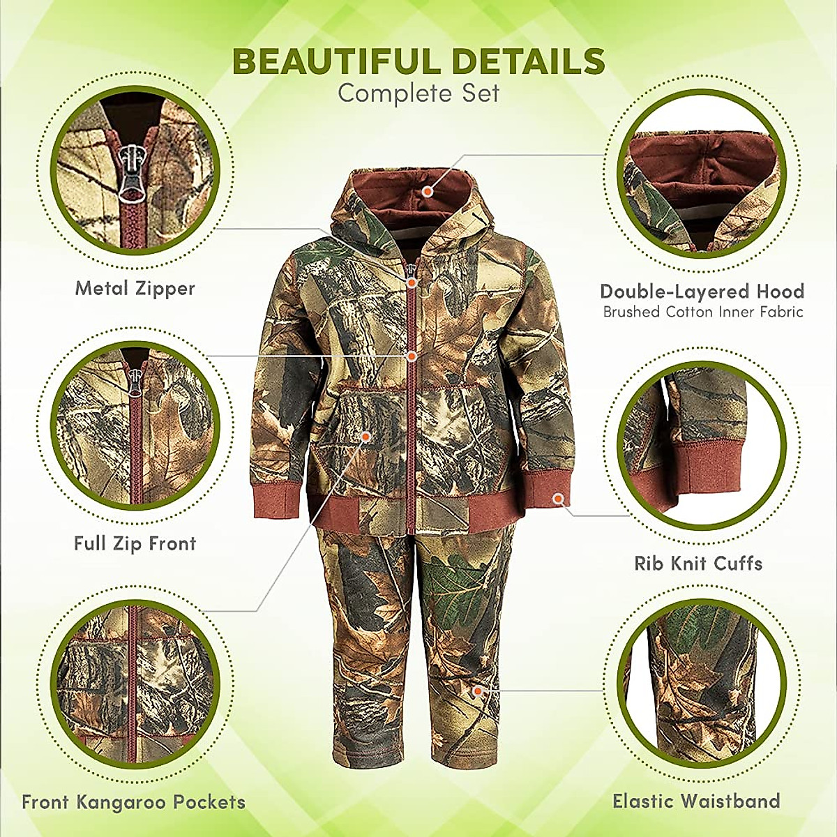TrailCrest by Treel Infant-Toddler Cotton Full Zip Hoodie Sweatshirt Jacket & Pants Set Tracksuit, 5T, Camo