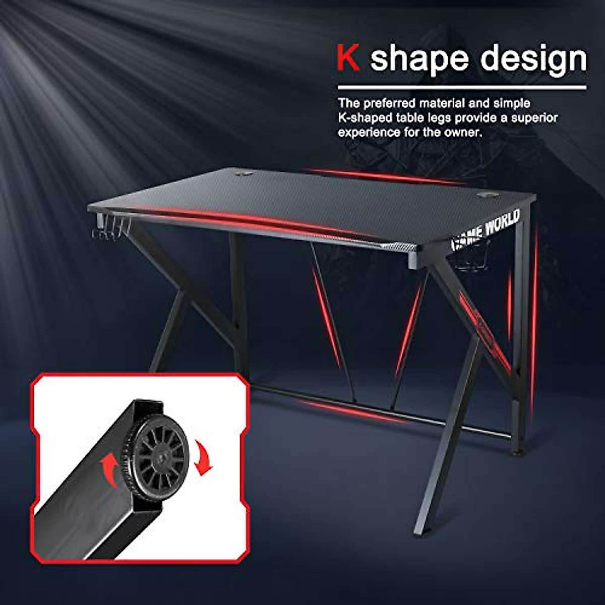 LYNSLIM Ergonomic Gaming Desk – 42” K Shaped Computer Table for Home Office Gamer Workstation with 2 Headphone Hooks and Cable Management (Black)