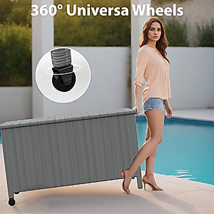 SUNNYFURN 120 Gallon Wicker Deck Box, Patio Deck Box Outdoor Storage Box, Patio Rattan Deck Box, Rattan Outdoor Bins, with Wheels Large Storage Bench Box, for Patio Furniture, Outdoor, Grey
