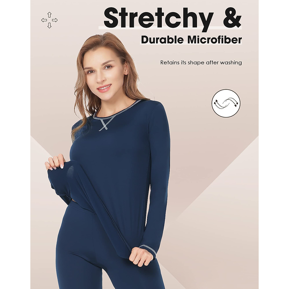 MANCYFIT Thermal Underwear for Women Fleece Lined Tops and Bottoms Base Layer for Cold Weather, Long Johns Sets Navy and White Lines X-Large