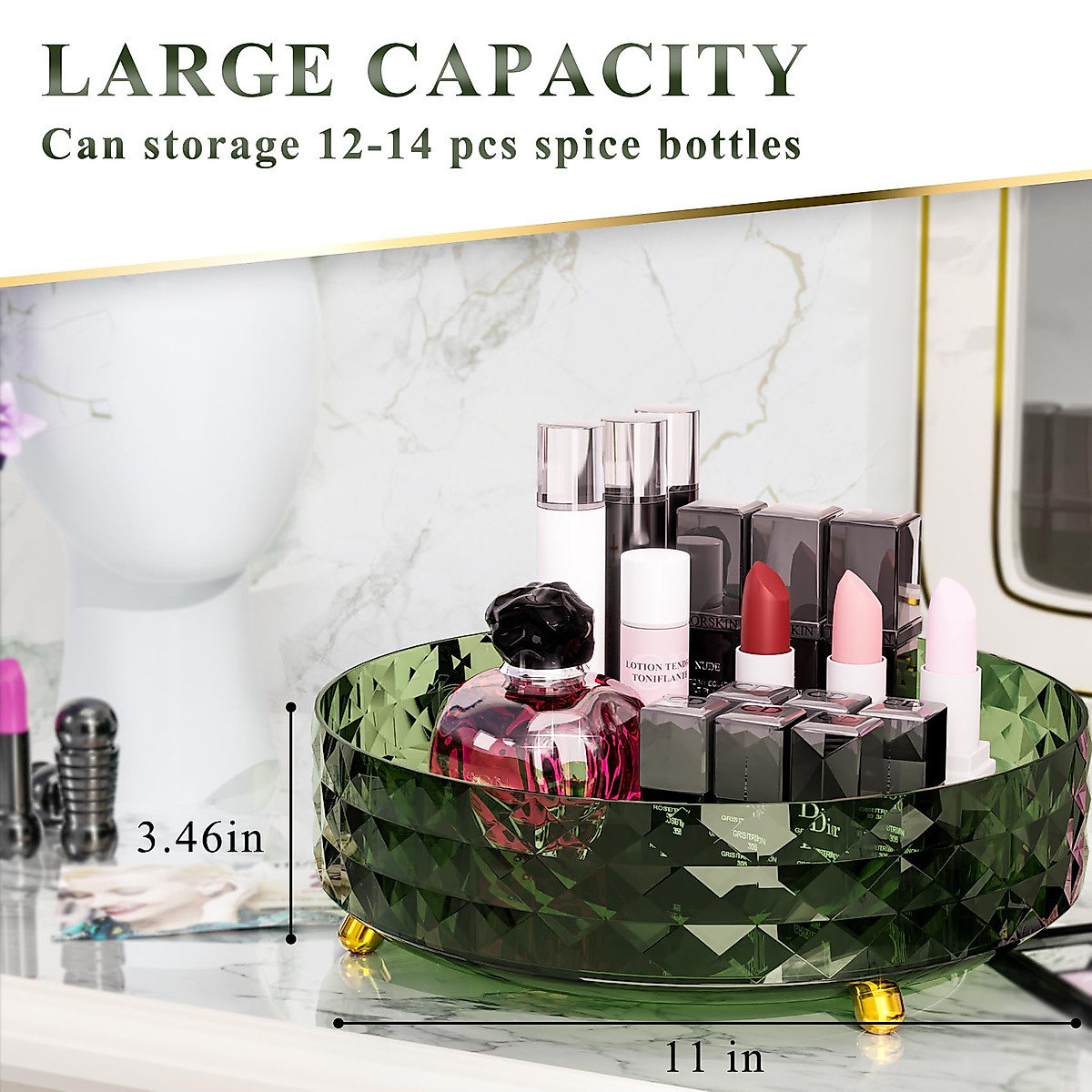 Lazy Susan Turntable Organizer for Cabinet, 360 Rotating Makeup Perfume Organizer for Vanity, Turntable Tray for Bathroom, Kitchen Sink Countertop Organizer for Spice (11-Dark Green)