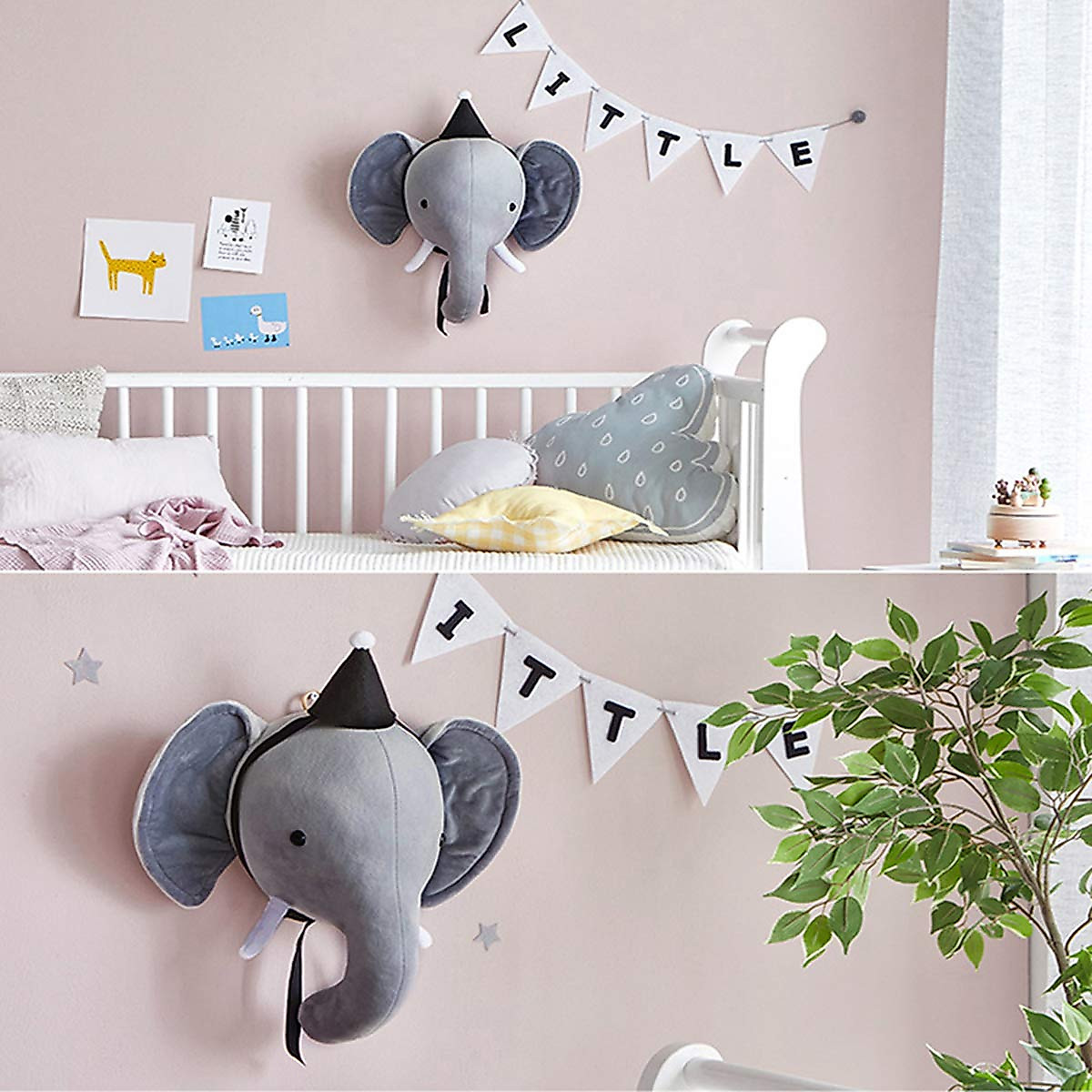 Yinuoday Wall Decor, Animal Head Wall Hanging for Baby Nursery Decor Elephant/Deer Head/Rabbit Stuffed Toys Gifts for Kids Bedroom or Playroom