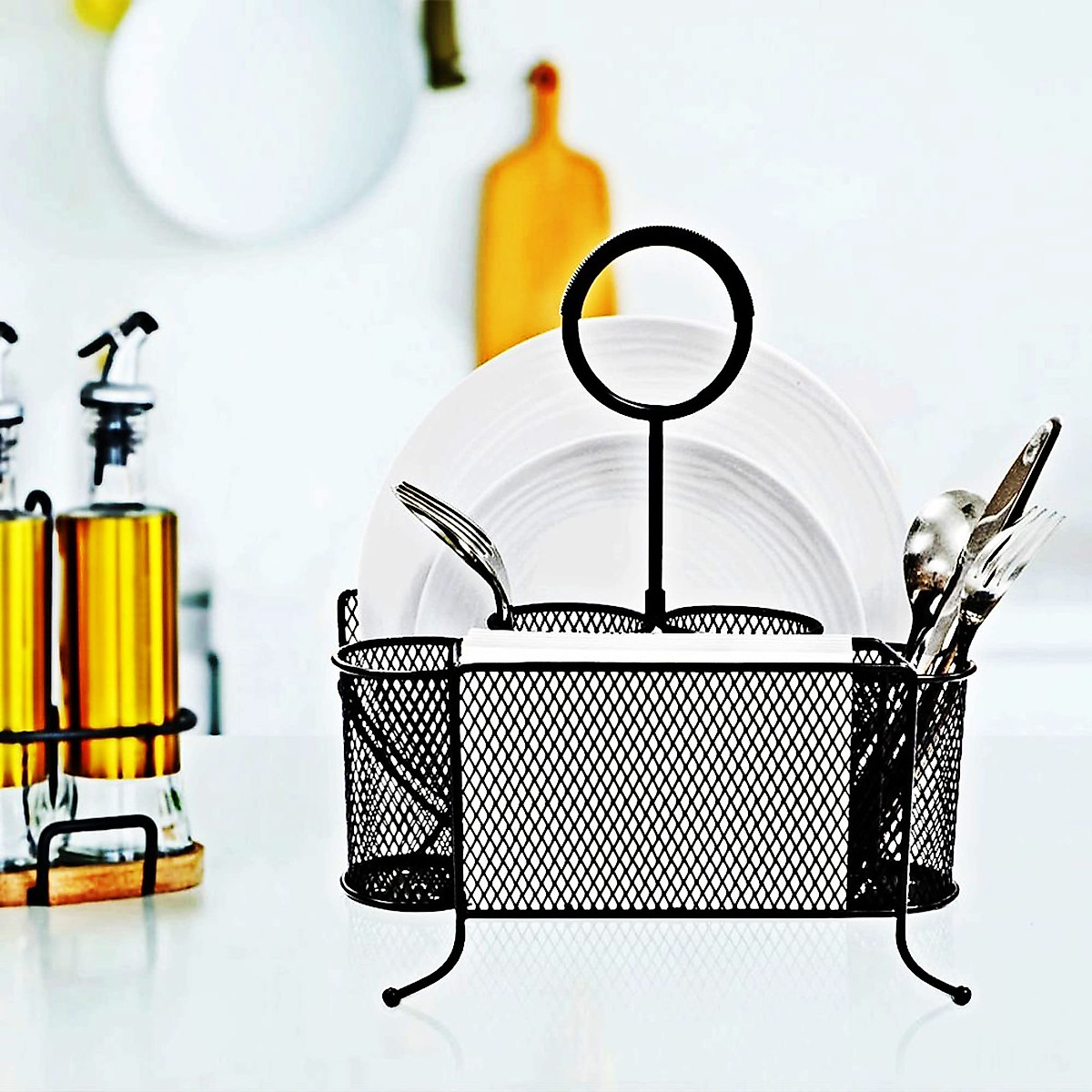 Picnic Plate Napkin Flatware Storage Caddy Organizer Holder, Black