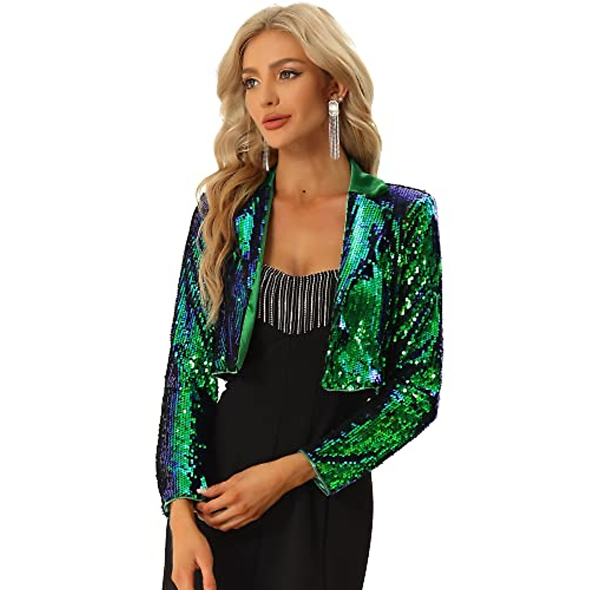 Allegra K Open Front Cardigan for Women's Notched Lapel Cropped Party Club Sparkly Sequin Blazer Medium Green