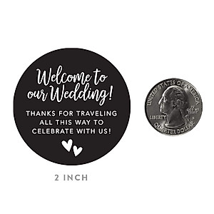 Andaz Press Out of Town Bags Round Circle Gift Labels Stickers, Welcome to Our Wedding Thanks for Traveling to Celebrate with Us, Black, 40-Pack, for Destination OOT Gable Boxes