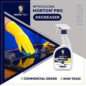 Morton PRO NON-TOXIC DEGREASER, Salt-Based and Non-Hazardous, commercial grade to clean tough grease and grime, Food Contact Surface Safe, Dye-free, odor control with a fresh lemon scent