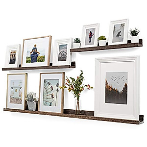 Rustic State Ted Narrow Wall Mounted Wooden Picture Ledge Photo Display Floating Shelf for Living Room Kitchen Bedroom Bathroom - Set of 6 with Varity Sizes 60 & 36 & 24 Inch - Burnt Brown