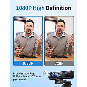 SAMOMO Webcam with Dual Microphones, 1080P Full HD Computer Camera for Laptop/Desktop, Autofocus, Privacy Cover, Auto Light Correction, USB Web Cam for Video, Teaching, Streaming and Gaming