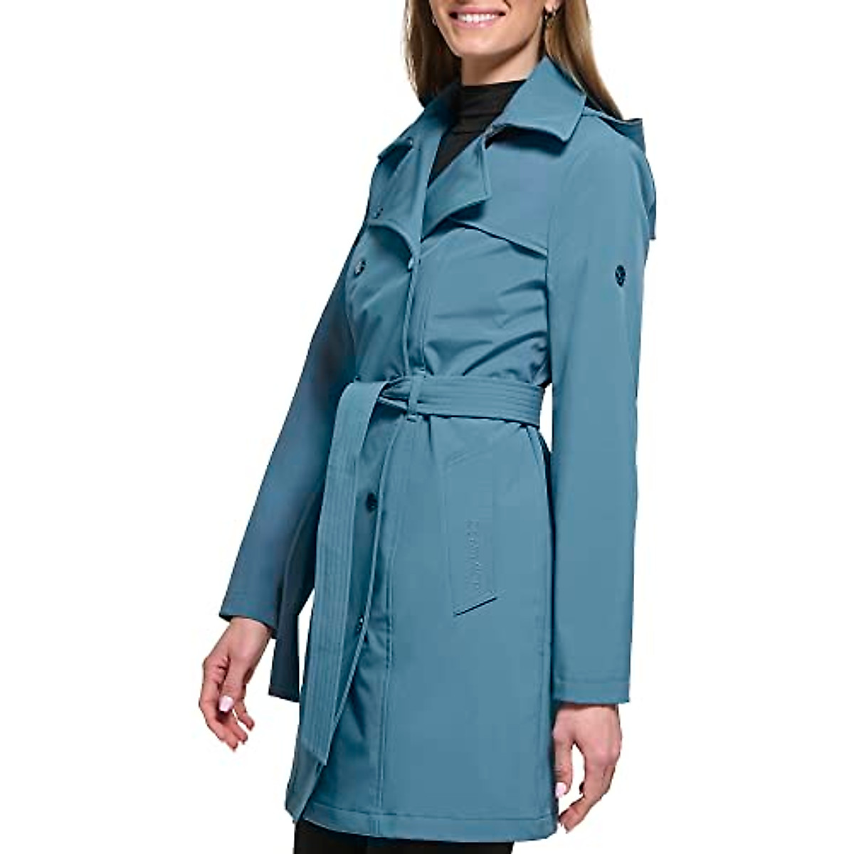 Calvin Klein Women's Double Breasted Belted Rain Jacket with Removable Hood, Oasis Teal, M