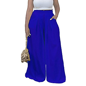 Euulin Flowy Pants for Women Casual High Waisted Wide Leg Palazzo Pants Trousers with Pocket Plus Size Blue XL