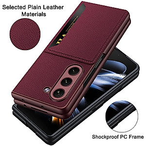 NINKI Compatible Samsung Galaxy Z Fold 5 Case with Card Holder & Kickstand,Wine Red Shockproof Leather Storage Cases Wallet Credit Card Slot Cover Phone Case for Samsung Galaxy Z Fold 5 5G Case Women