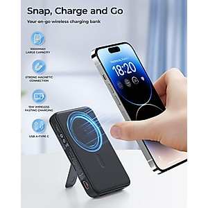 BENKS Magnetic Power Bank, 10000mAh Foldable Kickstand Wireless Portable Charger, for MagSafe Baterry Pack with Two-Way 20W USB-C Port for iPhone 15 Pro Max/15 Pro/15 Plus/15, iPhone 14/13/12 Series