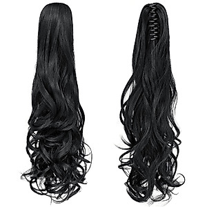 HEWEICSY Ponytail Extension,Hair Extension Ponytail 22" Long Claw Hair Extension Synthetic Curly Wavy Hairpieces Ponytail Clip in Ponytail Wig Daily Fluffy Pony Tail for Women,Black