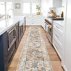 Pauwer Hallway Runner Rug 2x10 Washable Rugs Runner Non Slip Carpet Runner Boho Farmhouse Vintage Throw Area Rugs Floor Runner for Hallway Kitchen Entryway Laundry Room Bedroom Bathroom, Cream Tan