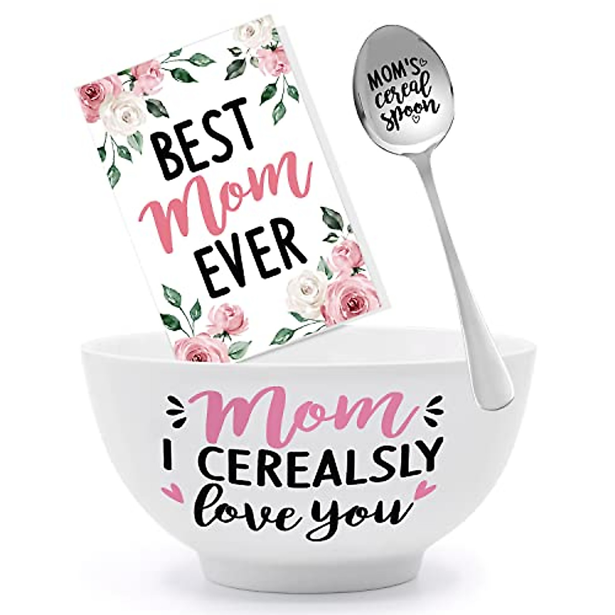 Mom's Cereal Bowl and Spoon Set with Best Mom Ever Greeting Card Christmas Mother's Birthday Engraved Gift Box Basket Idea for Her Cerealsly Love You Mommy Present Set of 3 Thanksgiving New Year