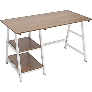 DlandHome Computer Desk with Storage Shelf, Trestle Desk, Home Office Desk/Workstation/Writing Table with Opening Shelves, Tplus (47 inches, Oak)