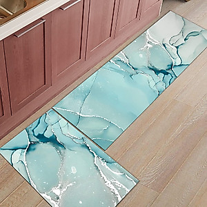 Gemhome Marble Absorbent Kitchen Rugs and Mats Set of 2, Modern Marble Non-Slip Comfort Floor Rug, Doormat Runner Carpet for Laundry Bathroom 15.7x23.6in+15.7x47.2in, Aqua Teal Marble Pattern