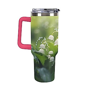 Lily of The Valley Flowers Green Leaves 40 Oz Car Cup Stainless Steel Travel Mug Leak-Proof Insulated Tumbler with Handle Light Rose Red-style