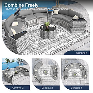 VONZOY Patio Sectional Furniture Outdoor 11-Piece Grey Rattan Curved Sofa Set with Storage Table,Pillows,Fit for Pool Backyard Balcony Porch Lawn(Grey)