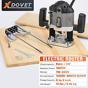 XDOVET 16000-30000 RPM Electronic Plunge Woodworking Router, 6 Variable Speeds Wood Router Tool, 1.7 HP 10-Amp Plunge Woodworking Router Kit with Parallel Guide and Vacuum Adaptor, 1200W