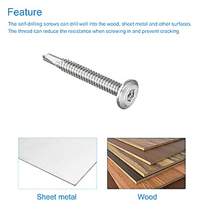 uxcell Hex Socket Self Tapping Screws, #10 x 1-1/2" 410 Stainless Steel Sheet Metal Flat Head Drilling Screw 50pcs, Silver