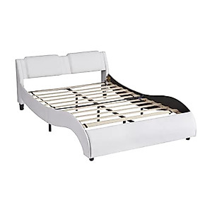 Ochangqi Queen Bed Frame with LED Lights, Modern LED Low Profile Platform Bed Frame with Headboard, Queen Size Wave-Like Curve Faux Leather Upholstered Bed Frame,No Box Spring Needed (White, Queen)