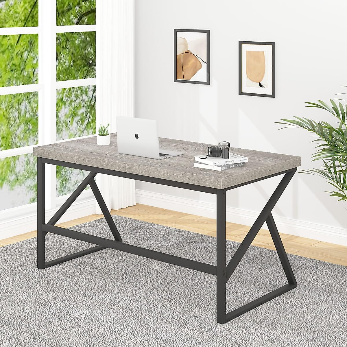 HSH Gray Computer Desk, Industrial Wood and Metal Home Office Desk, Farmhouse Rustic PC Laptop Desk for Executive Work Writing Study Gaming, Modern Simple Bedroom Computer Table, Light Grey Oak, 55 In