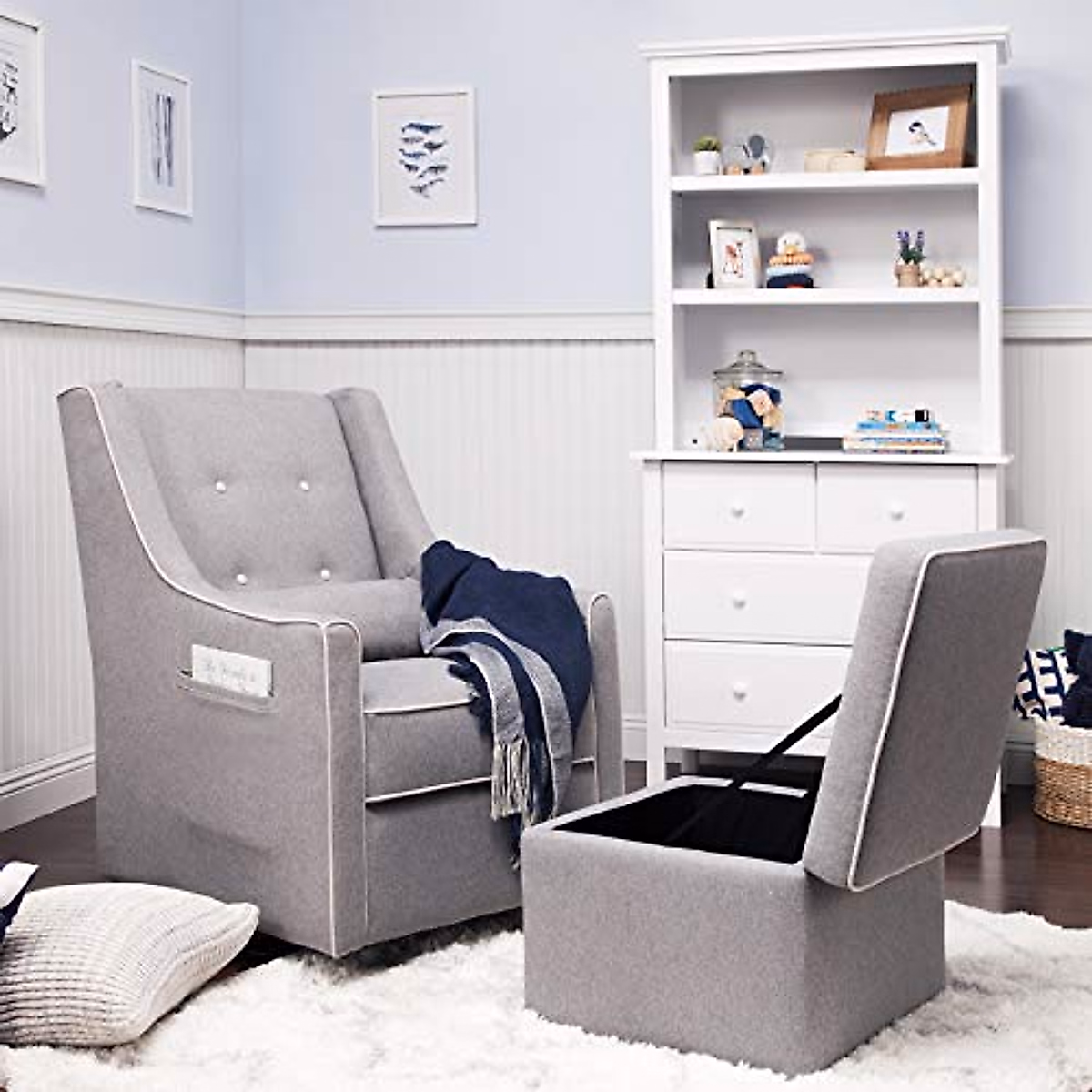 DaVinci Owen Upholstered Swivel Glider with Side Pocket and Storage Ottoman in Grey with Cream Piping, Greenguard Gold & CertiPUR-US Certified