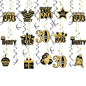 30th Birthday Decorations for Women Men Him Her, Seglorwy 40 Pcs Vintage Black and Gold Birthday Hanging Swirls Party Decorations, Thirty Birthday Hanging Decorations Party Favors