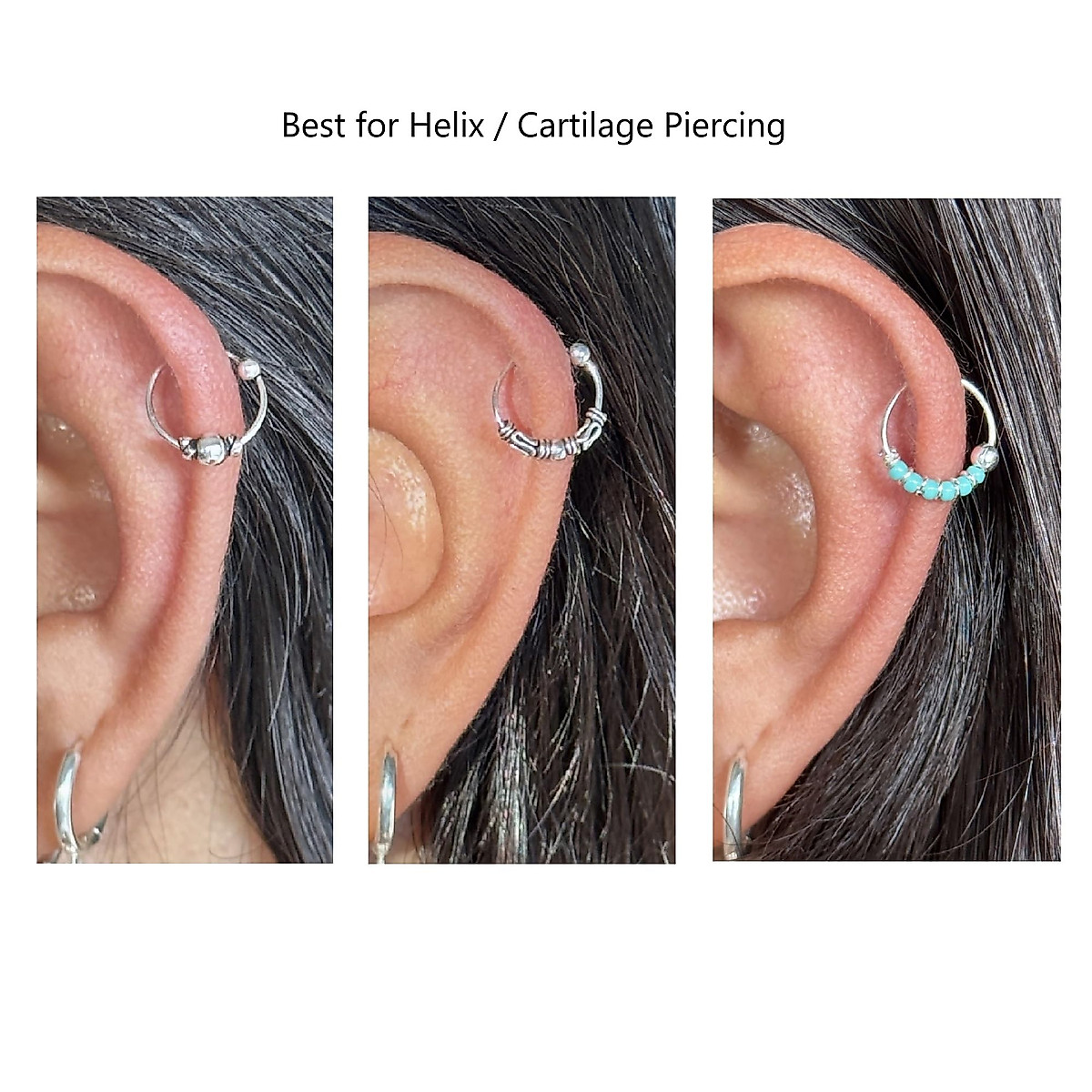 Handmade Silver 3Pcs Very Small 10MM Cartilgae Helix Piercing Hoop Earrings, 925 Sterling Silver, Thin 22Gauge Triplet Set of 3 Original Hoops for women, 1xBeaded 1xSpiral 1xBall, By Miya Jewelry