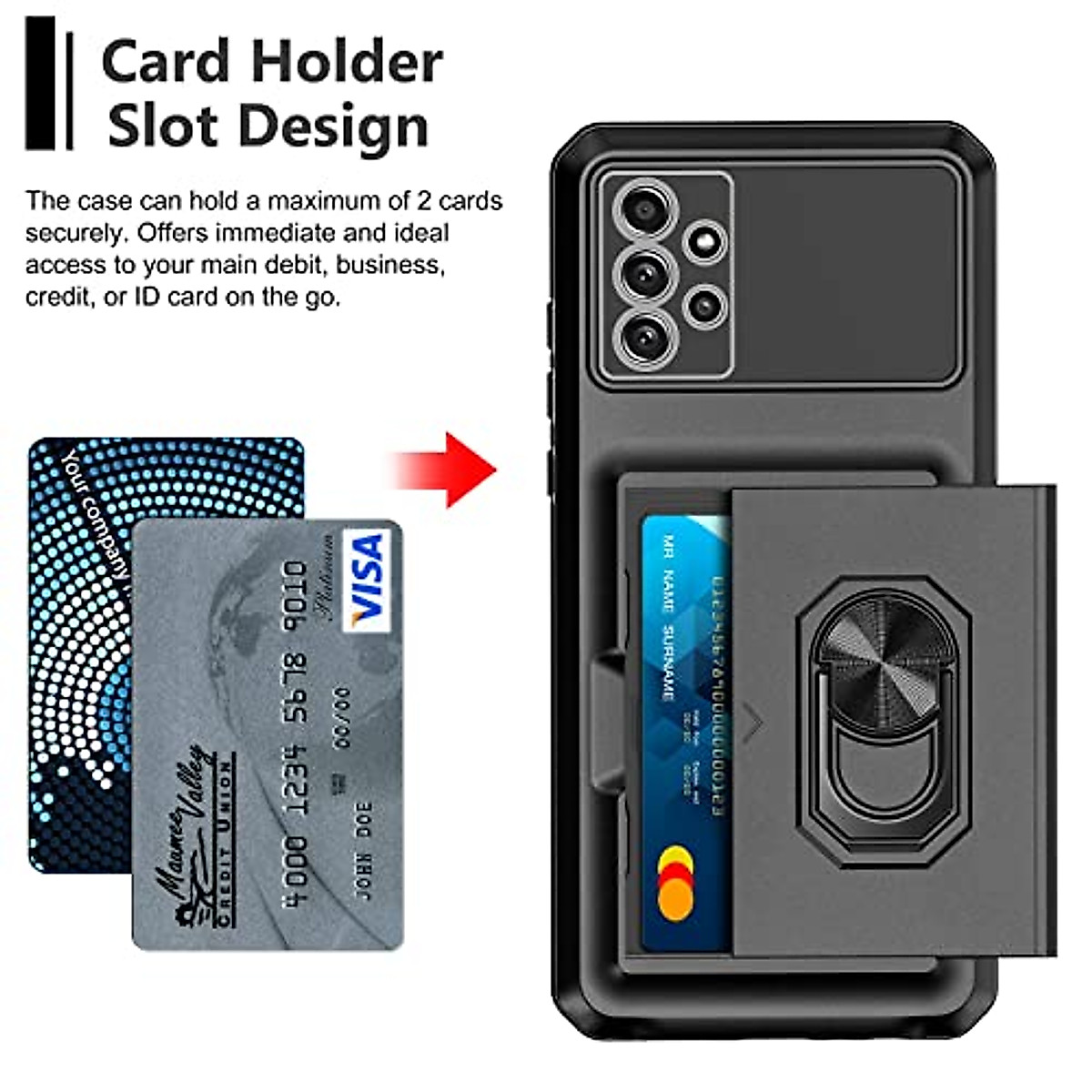 Vofolen Case for Samsung Galaxy A53 Wallet Credit Card Holder ID Slot Sliding Door Hidden Pocket with 360°Swivel Kickstand 3 in 1 Hybrid Bumper Rugged Phone Case for Samsung Galaxy A53 Case Black