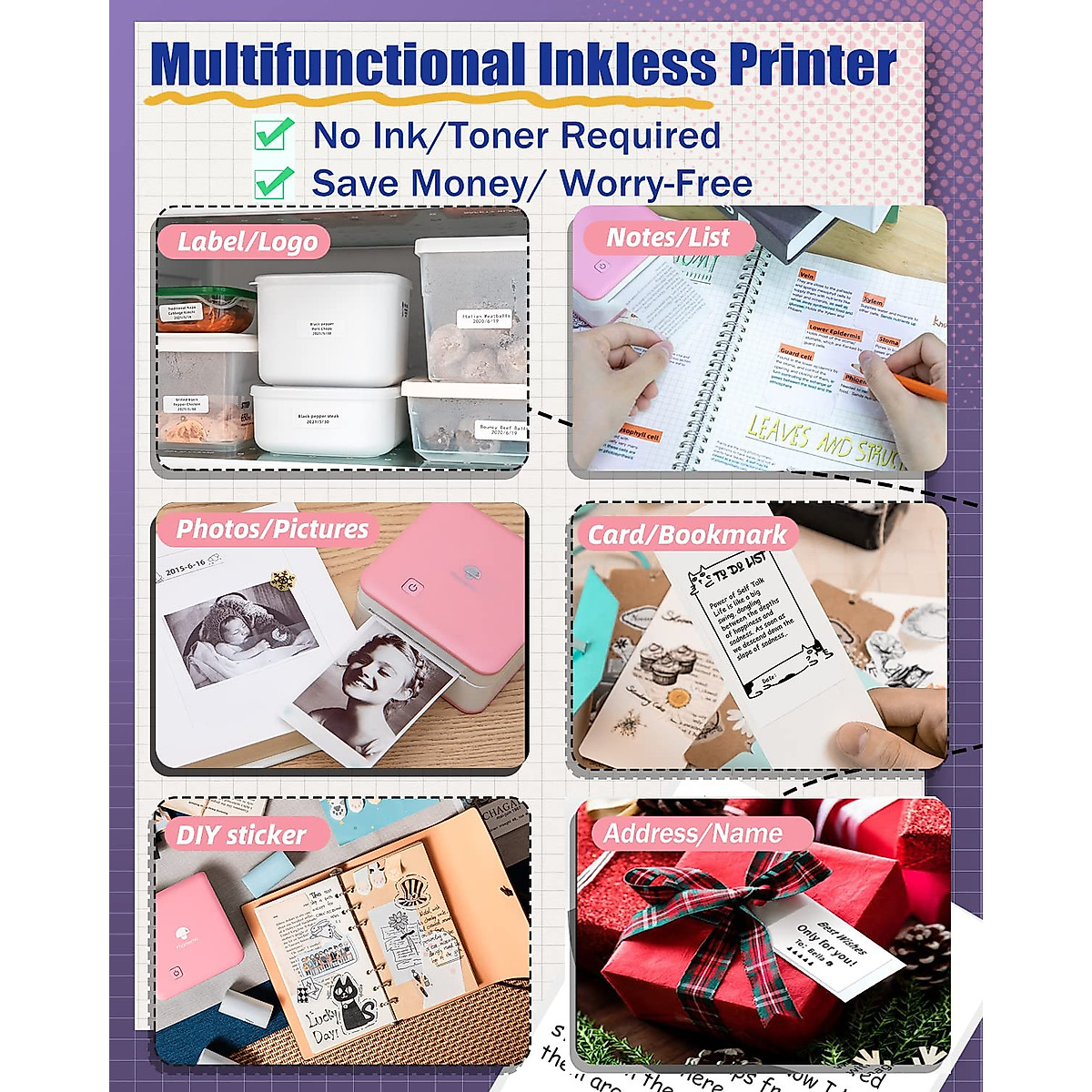 Memoking Inkless Sticker Printer - 300dpi M02Pro Thermal Mini Printer for Phone, Bluetooth Sticky Note Printer, Portable Pocket Printer Machine - Pink Mini Photo Printer for DIY, Study Notes