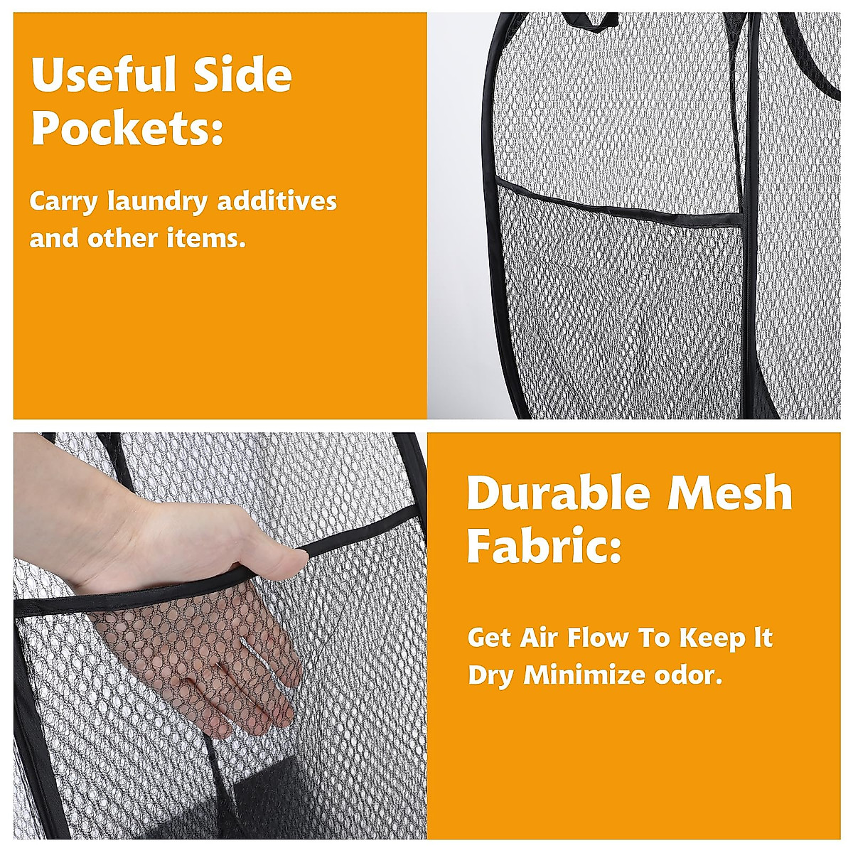 Sibba Pop Up Hamper Mesh Laundry Bag Foldable Basket Travel Black Hamper Pocket Cloths Storage with Handles Large Pop Up Hamper Portable Laundry Organization for Laundry Room Bathroom Dorm