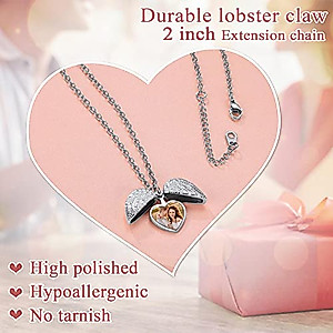 FindChic Personalized Heart Locket Necklace Angel Wings Pendant with Photo Printing Platinum Plated Dainty Custom Full Color Picture Memorial Jewelry for Women Mom Loss of Father Gift