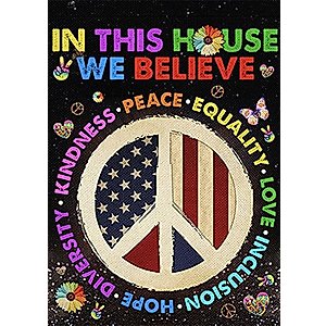 Swooflia In This House We Believe Garden Flag Small Yard Flag for Outside Decor Kindness Peace Equality Burlap Garden Banner 12x18 Inch Double Sided HYQ-223