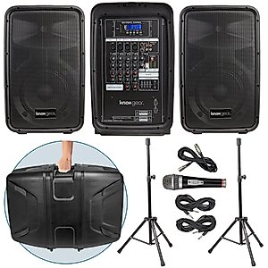 Knox Gear Dual Speaker and Mixer Set–Portable 8” 300 Watt DJ PA System with Wired Microphone & Tripod Stands, Amplifier, Bluetooth, USB, SD, 1/4” Line RCA, XLR Inputs, Ideal for a party or event