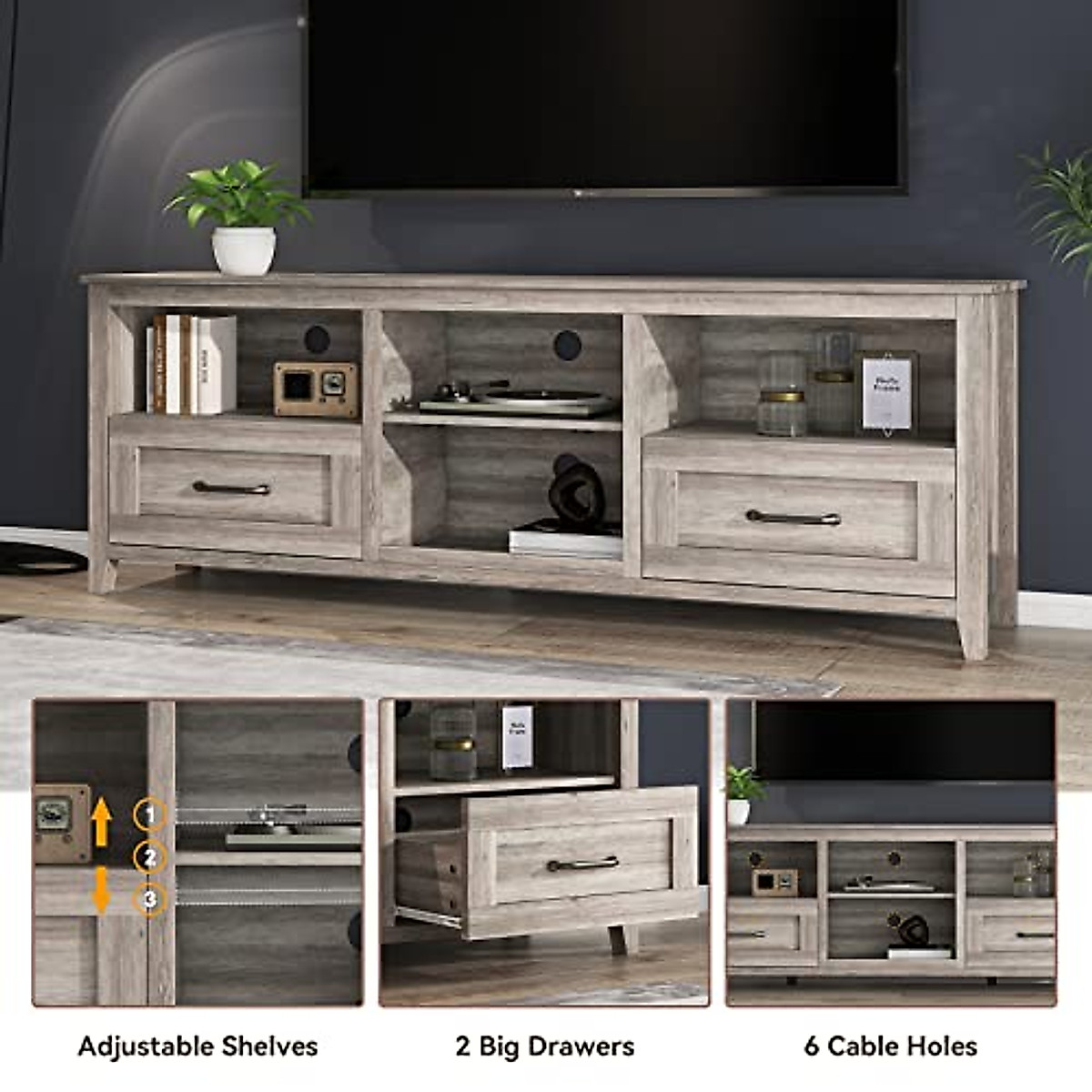 SAINTCY TV Stand for TVs up to 80", Large Television Stands with Drawers for Living Room, TV Entertainment Center with Storage and Shelves, TV Cabinet Media Console Furniture for Bedroom (Grey)