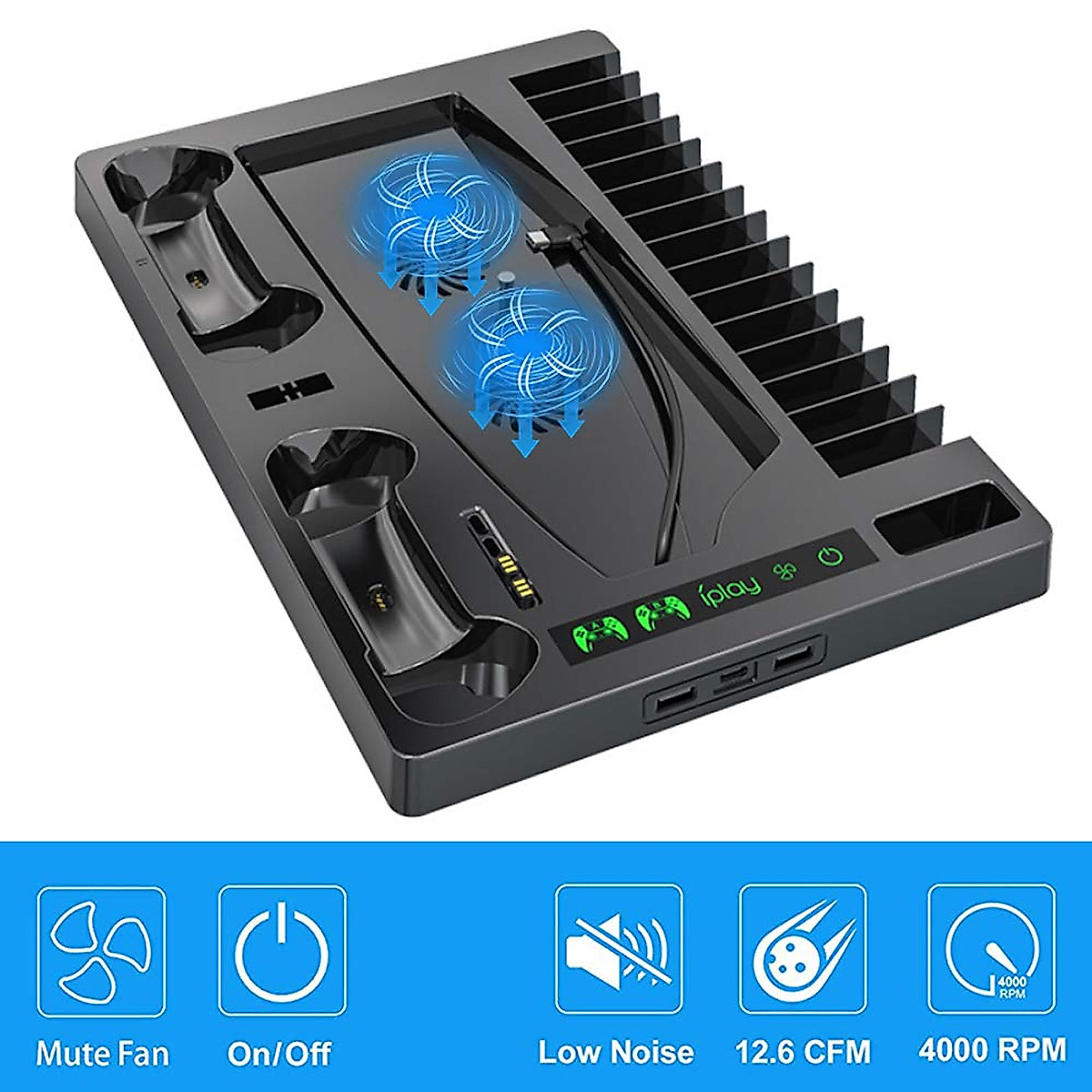 Vertical Stand for Playstation 5 with 2 Cooling Fan, 2 Charging Station for PS5 Digital/CD-ROM Edition Console with 15 Game Storage, 1 Pulse 3D Headset Holder, 1 Media Remote Storage (Black)