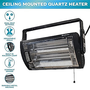 Comfort Zone Ceiling Mounted Space Heater, 90 Degree Adjustable Tilt, Dual Quartz, Radiant, Electric, Safety Grille, Overheat Protection, Hardware Included, Ideal for Workshop, Garage, 1,500W, CZQTV5M