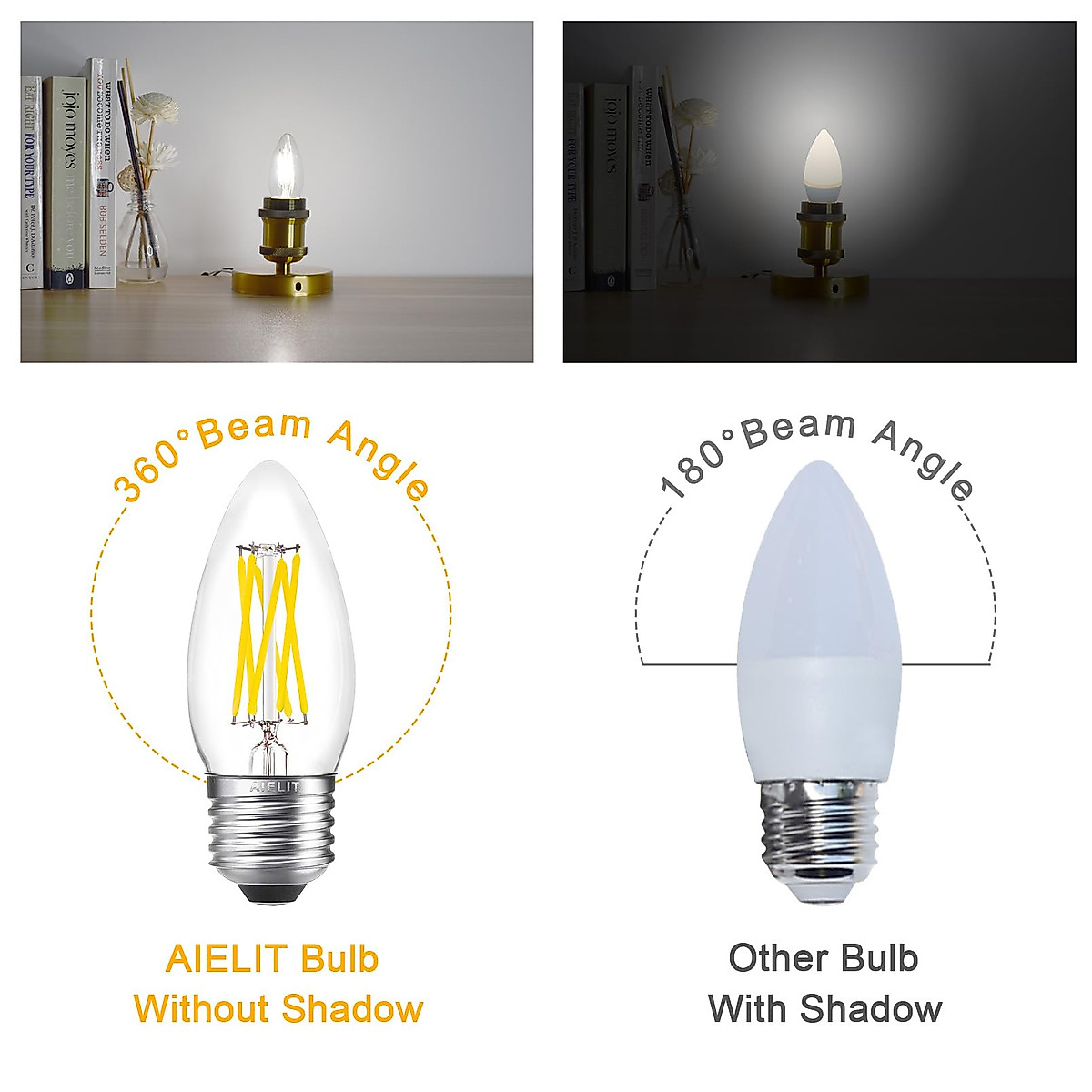 AIELIT E26 Candelabra LED Bulbs Daylight, Dimmable Bright White 5000K, 6W B11 Candle Light Bulb 60 Watt Equivalent for Bathroom Vanity Dining Living Room Kitchen Chandelier Pendant Lights, 4-Pack