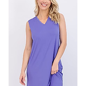 Real Essentials 3 Pack: Womens Sleeveless Tank V-Neck Adult Nightgown Long Soft Nightshirt Women Night Gowns Nightdress Sleep Lounge Dress Sleepwear Pajama PJs Bamboo Ladies PJ Chemise - Set 8, L