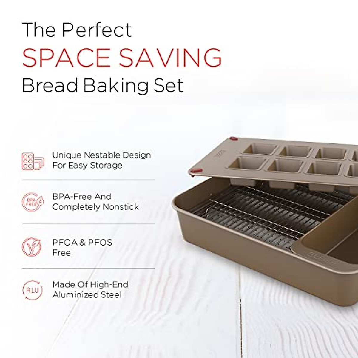 Elbee Home 8-Piece Nonstick Space Saving Bread Baking Pan Set - Includes Large Roasting Pan - Bread Loaf Pan - Baguette Pan - Cooling Rack - 8-Cavity Mini Loaf Pan Aluminized Steel - PFOA & PFOS Free
