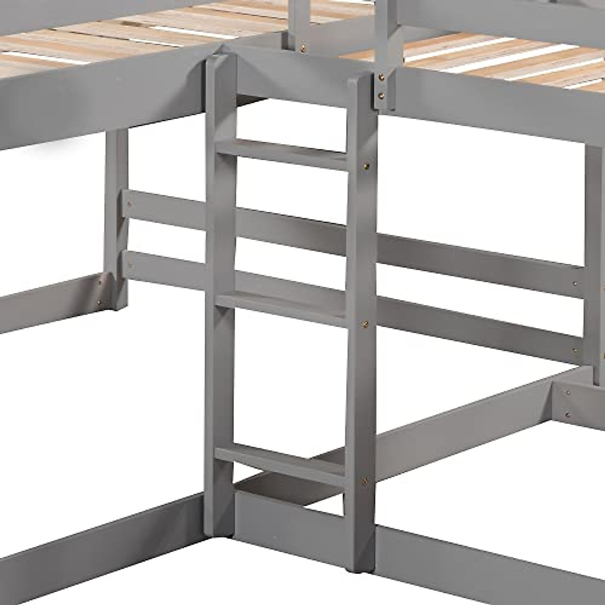 RORIGAT L Shaped Bunk Bed for 4, Wooden Quad Bunk Bed with Slide, Full Over Full Bunk Bed with Twin Over Twin Bunk Bed Attached for Kids Teens Bedroom-Gray