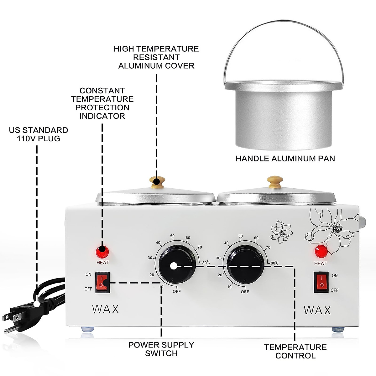 1.2L Double Portable Wax Warmer Machine for Painless Hair Removal, Women Men Professional Wax Heater with Adjustable Temperature Set,40pcs Wax Sticks