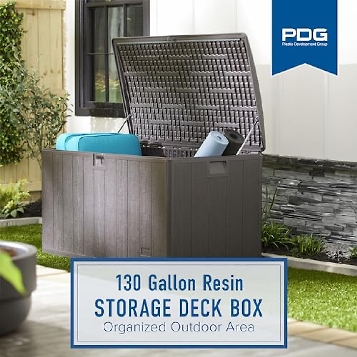 Plastic Development Group 130 Gallon Multipurpose Outdoor Backyard Patio Storage Deck Box Container with Soft Close Lid, Gray
