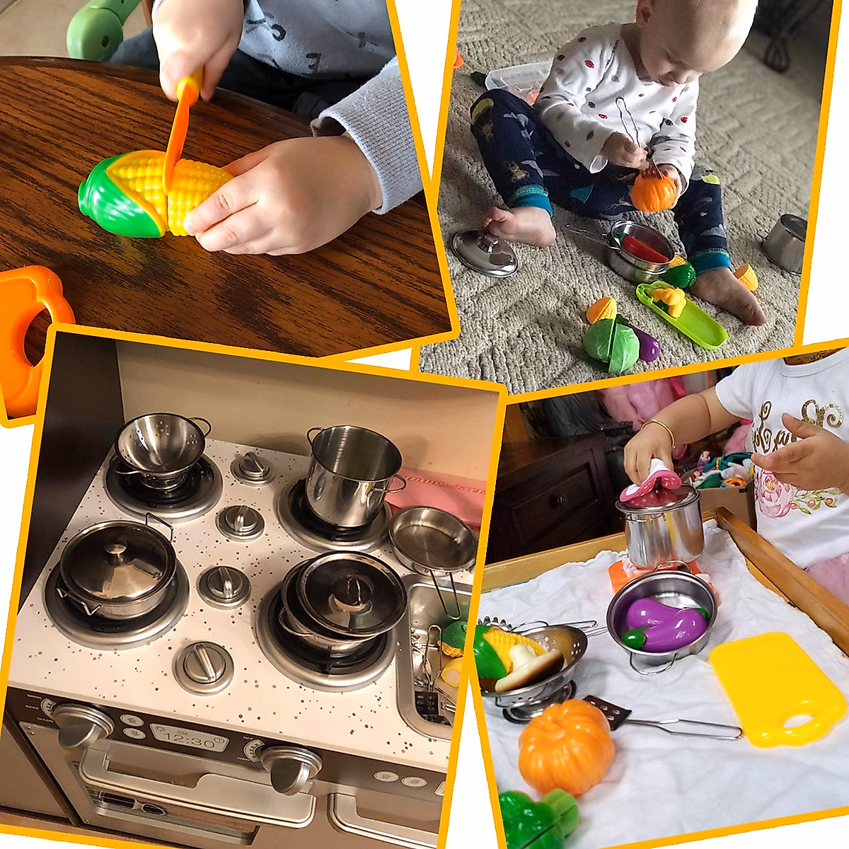 35 Pcs Kitchen Pretend Play Accessories Toys,Cooking Set with Stainless Steel Cookware Pots and Pans Set,Cooking Utensils,Apron,Chef Hat,and Cutting Play Food for Kids,Educational Learning Tool