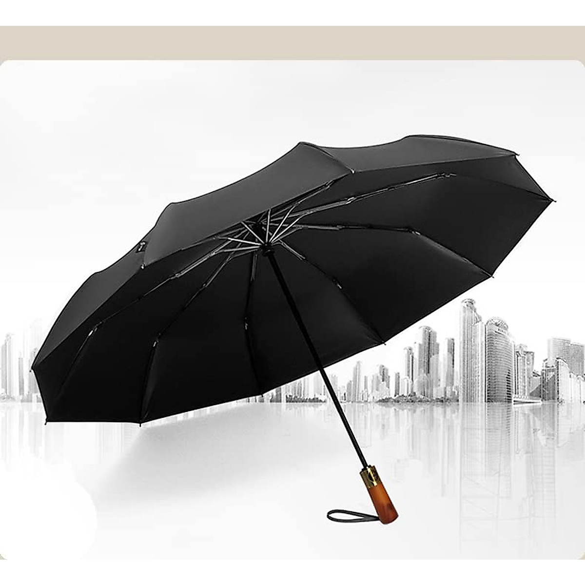 Karnado Large Black Umbrella for Men and Women - Waterproof, Windproof, Portable Folding Umbrella with Luxury Wood Handle